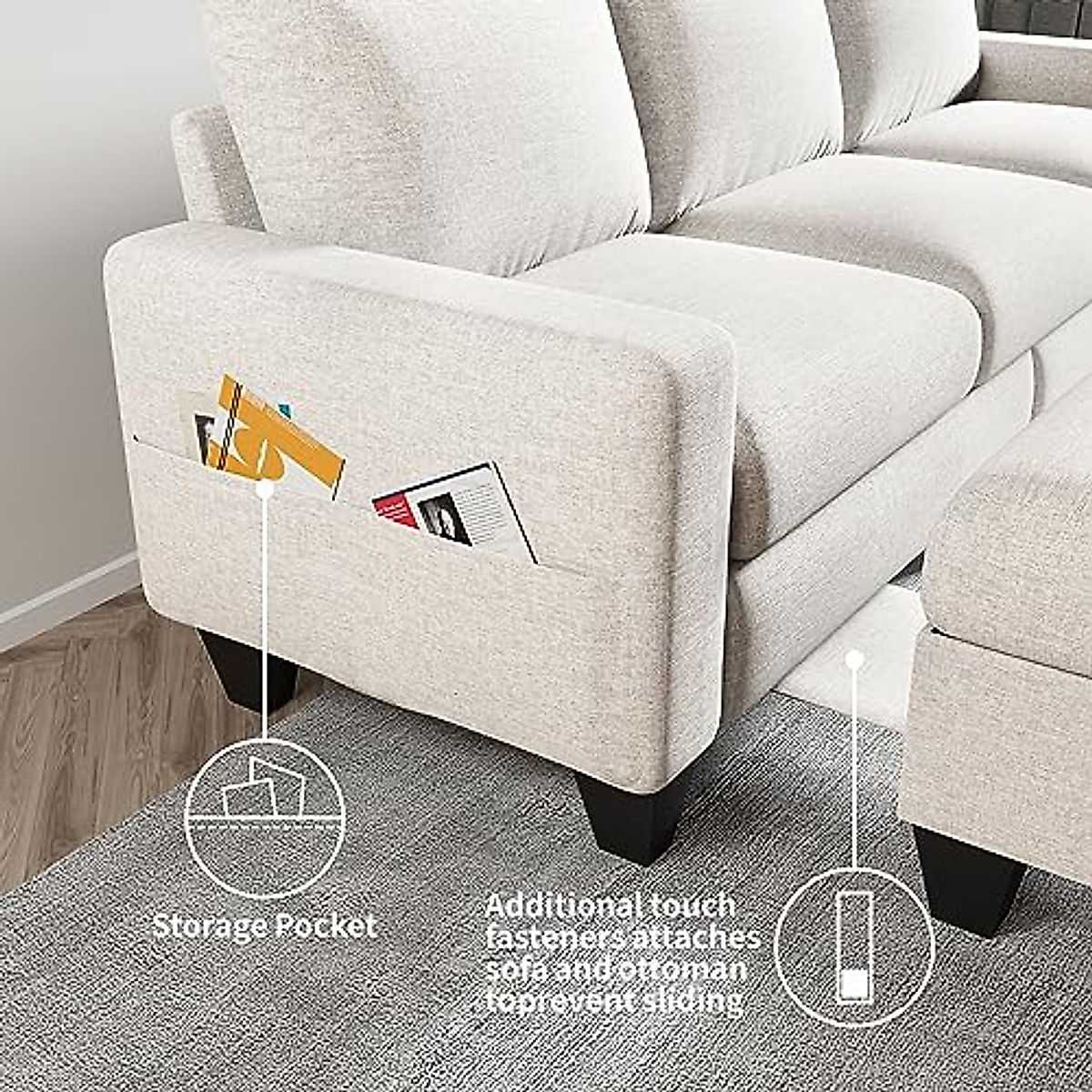 Lonkwa Convertible Sectional Sofa L-Shaped Couch, Beige Couches for Living Room with Reversible Chaise, 3-Seat Modern Linen Sectional Couch for Living Room/Apartment/Office/Small Space