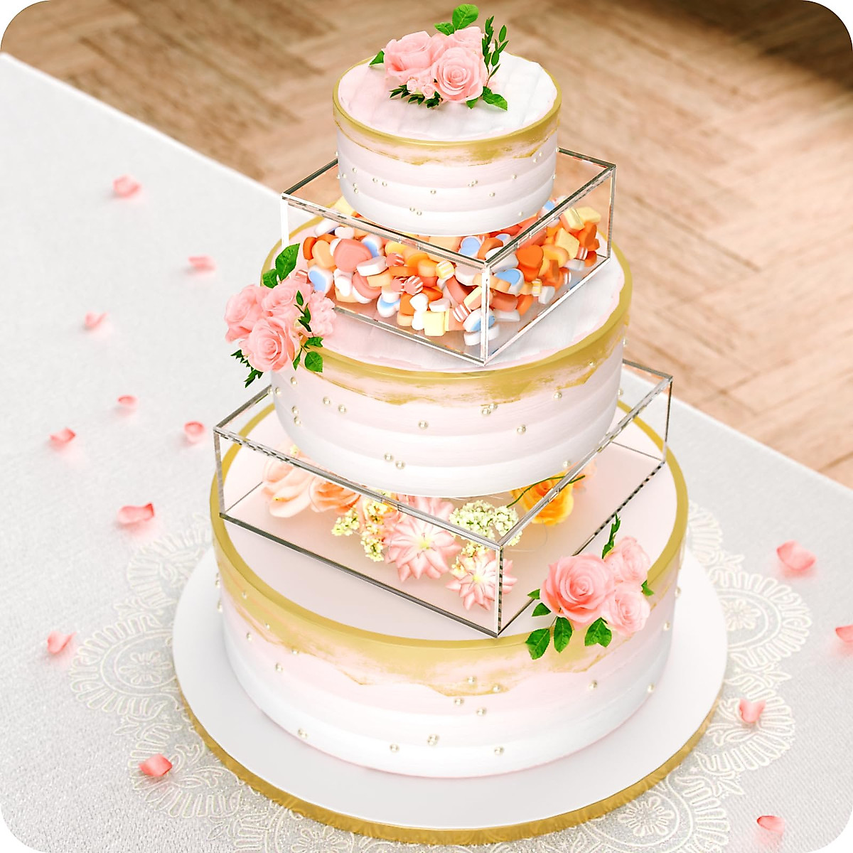2PCS Clear Acrylic Cake Stand, Fillable Cake Box Riser Cake Tier, Square Cake Display Box with Lid, Decorative Centerpiece Box for Wedding Birthday Party (2pcs, 10" Dx4” H; 6" Dx4” H, 2M LED Lights)