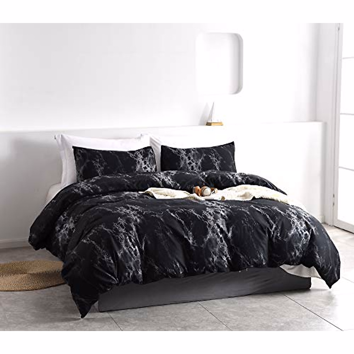 YERVEN Black Marble Duvet Cover Queen Comforter Cover Set Full 90"x90" Duvet Cover with 2 Pillow Shams Microfiber Soft Lightweight Hotel 3 Pieces White Bedding Set