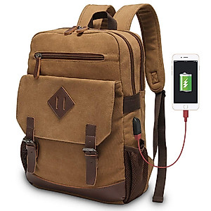 Canvas Backpack for Men Women, Vintage Rucksack Fits Most 15.6 Inch Laptop, Bookbag with USB Charging Port, Brown