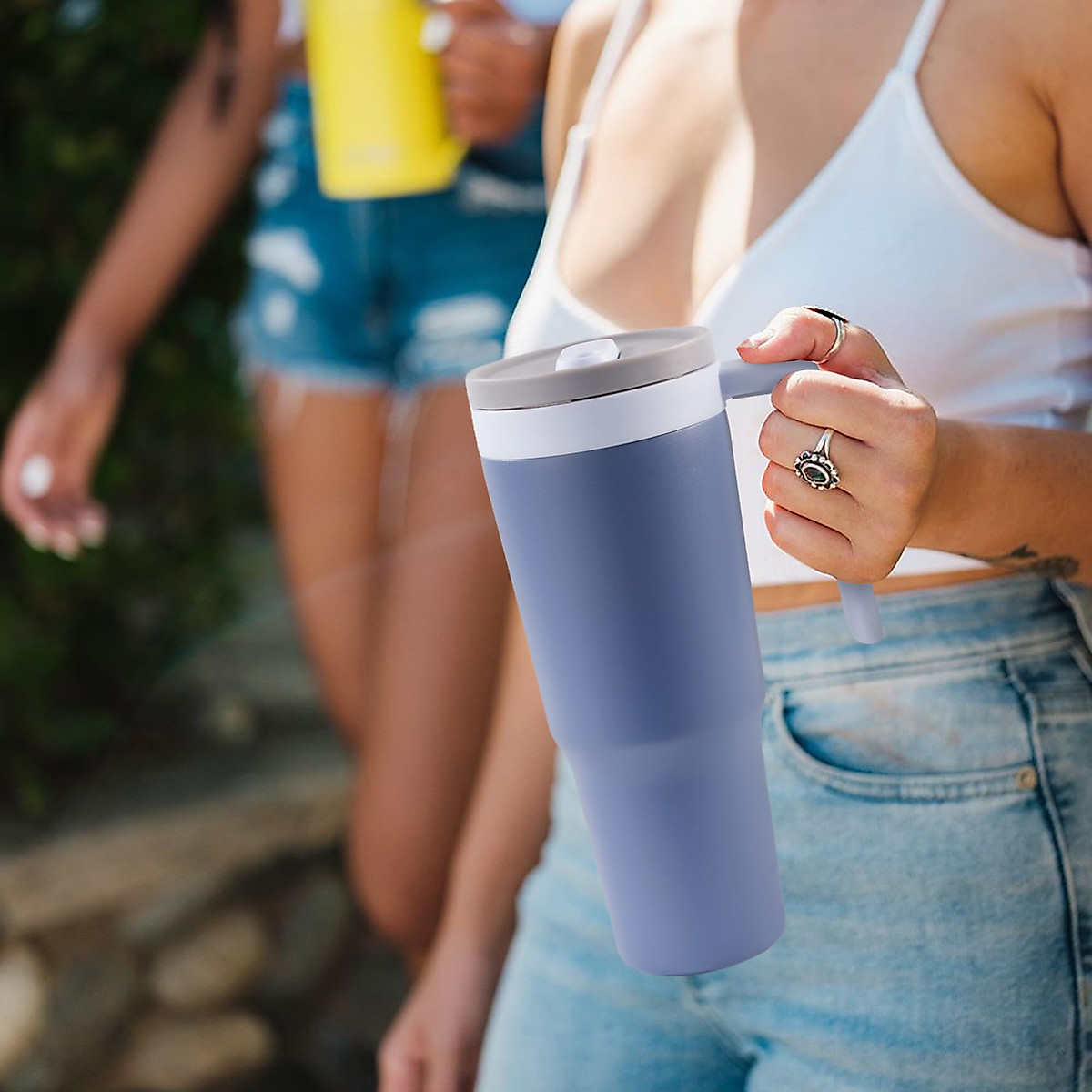 Fijinhom 40 oz Tumbler with Handle and Straw, Triple Layer Insulated Stainless Steel Water Bottle with Infuser, Travel Tumbler Fit Most Cupholder, Gifts for Women & Men, Grey Blue