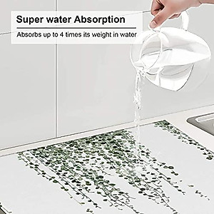 Green Plants Printed Drying Mat For Kitchen Ultra Absorbent Microfiber Dishes Drainer Mats Non-Slip Silicone Quick Dry Pad - 18 X 16inch