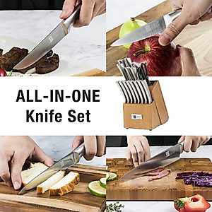 JF JAMES.F Knife Set, 17 Piece Dishwasher Safe Kitchen Knife Set with Block Super Sharp Stainless Steel Knife Sets for Kitchen with Block, Scissors & Built-in Sharpener