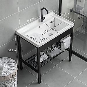 Freestanding Sink, 28.3" × 19" × 32.3" Ceramic Utility Sink with Washboard Set with Bracket and Drain Kit for Laundry Room, Garage, Basement, Outdoor and Indoor