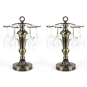 DreamiDeco Antique Countertop Stemware Holder and Wine Glass Drying Rack for Home and Bar, Each Holds 6 glasses (Brass, 2 Packs)