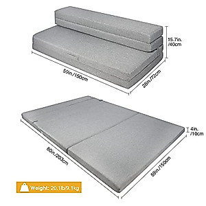 Varbucamp 4 Inch Folding Mattress, Memory Foam Portable Mattress and Sofa Bed with Washable Cover for Guest, Camping, Bedroom, Gray(80'' x 59'' x 4'')