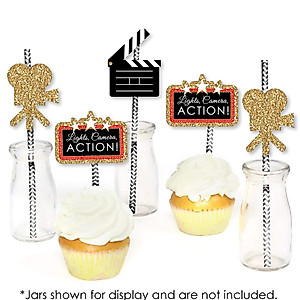Red Carpet Hollywood - Paper Straw Decor - Movie Night Party Striped Decorative Straws - Set of 24