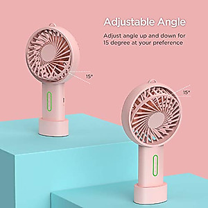 IPOW Mini Handheld Fan Personal Portable Fan 3 Speed Adjustable Angle Removable Base Lanyard USB Recharging Battery Operated Small Desk Cooling Face Fan for Home Camping Disney Travel Peach Pink