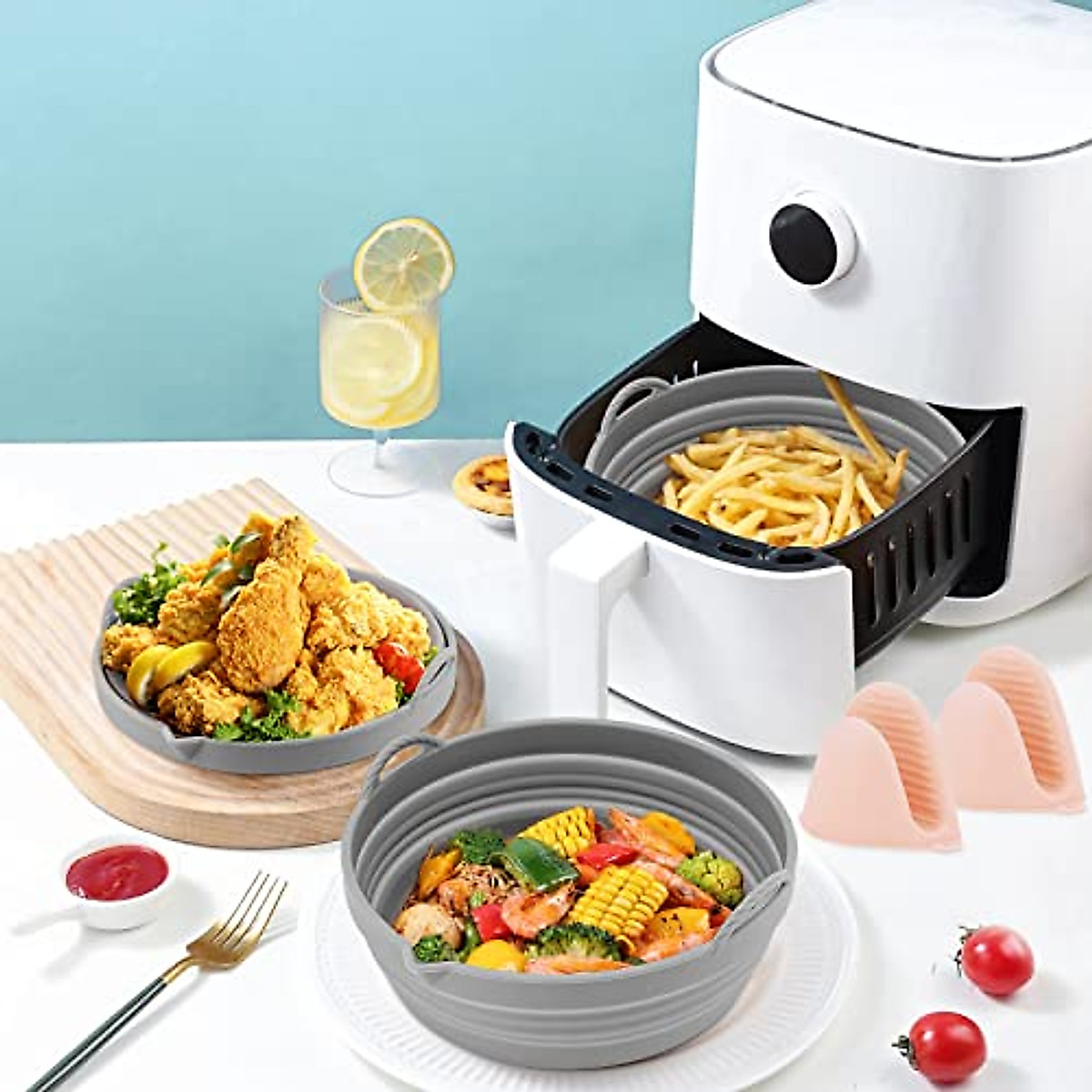 Air fryer Silicone Liners Reusable, 7.5IN Air Fryer Silicone Pot, Foldable Silicone Air Fryer Basket with Silicone Oven Mitts for Air Fryer, Oven, Microwave, etc.（Gray）
