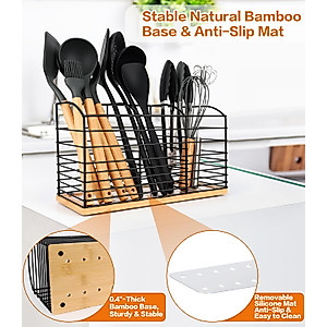 PrimZooty Large Utensil Holder for Kitchen Counter - 11.8"x 6.7"x 4.7", 3 Compartments Aesthetic Design, Kitchen Utensil Holder Utensil Organizer (Metal+Bamboo)