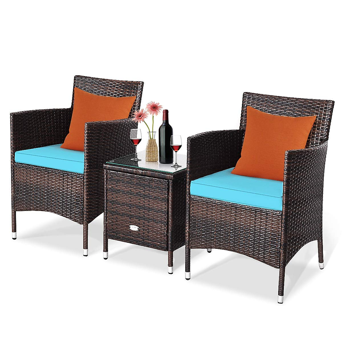 Tangkula Patio Furniture Set 3 Piece, Outdoor Wicker Rattan Conversation Set with Coffee Table, Chairs & Thick Cushions, Suitable for Patio Garden Lawn Backyard Pool