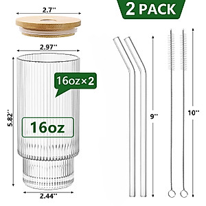 WXCWYQR Glass Cups with Lid and Straw 2 Set, 16OZ Drinking Glasses for Whiskey Cocktail Beer, Ribbed Glassware Set for Gift (2 SET)