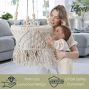 ZELLOVY Organic Macrame Baby Swing Chair with Cushion & Portable Canvas Backpack | Boho Baby Swing Outdoor Indoor Infants & Toddler | Hanging Rope Baby Gift Swing | Handmade Crochet Baby Hammock Swing