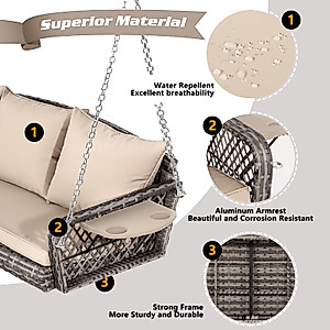 TITIMO 3-Seats Wicker Porch Swing Hanging Bench Chair Outdoor Gray Rattan Patio Swing Lounge with Cushions for Garden, Balcony, Deck