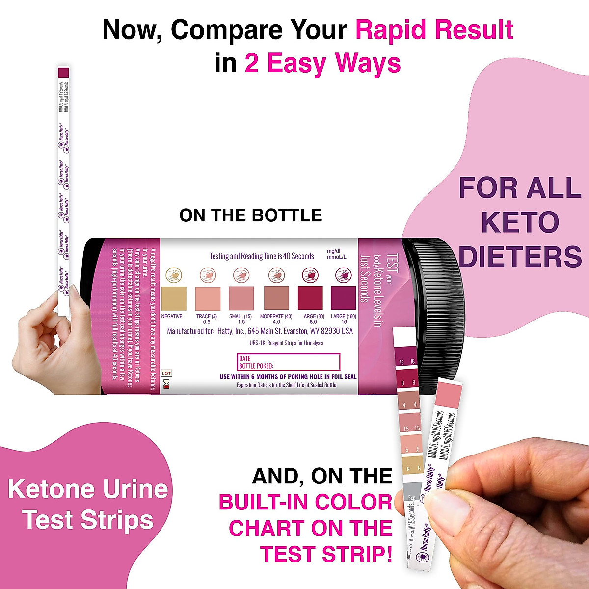 Nurse Hatty - 150 Ketone Test Strips w Built-in Color Chart – Free Keto Guide eBook & Free App - Made-in-The-USA - Urine Test for Ketogenic, Ketosis, Low Carb, Atkins & Paleo Diets - Extra Long Strips