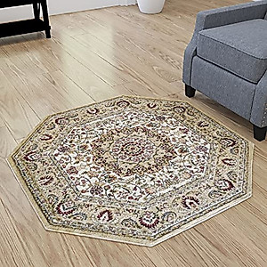 Merrick Lane Traditional Maidon 4' x 4' Persian Style Floral Medallion Motif Octagon Olefin Area Rug with Jute Backing in Ivory