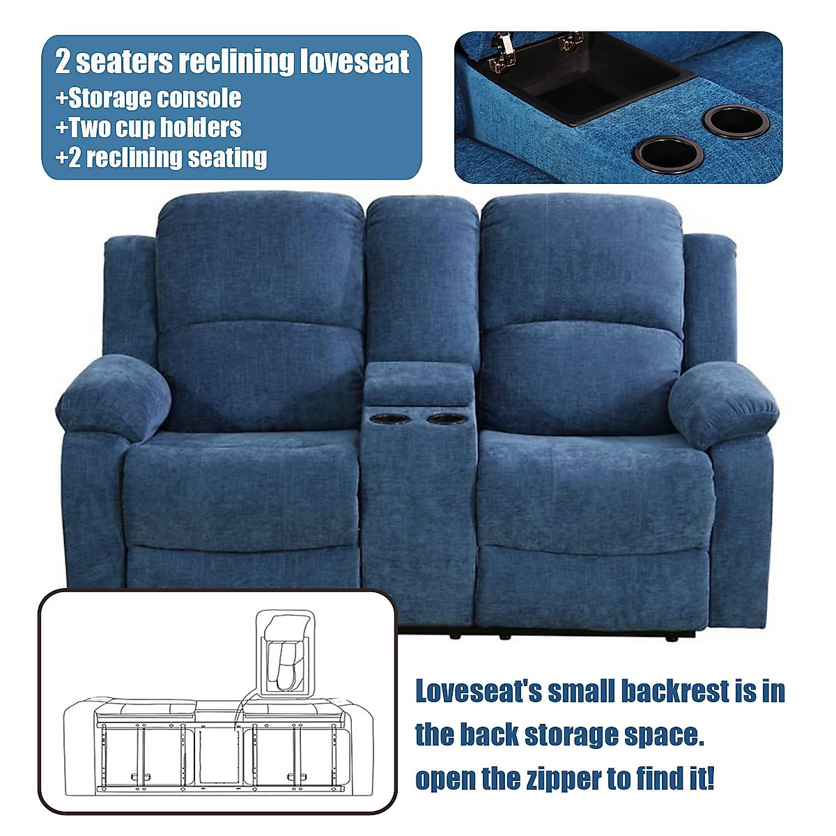 SIENWIEY Blue Linen Fabric Reclining Sofa for Living Room Furniture, Double Recliner Loveseat 2 Seats Couch with Storage Console/Two Cup Holders/Linen Fabric