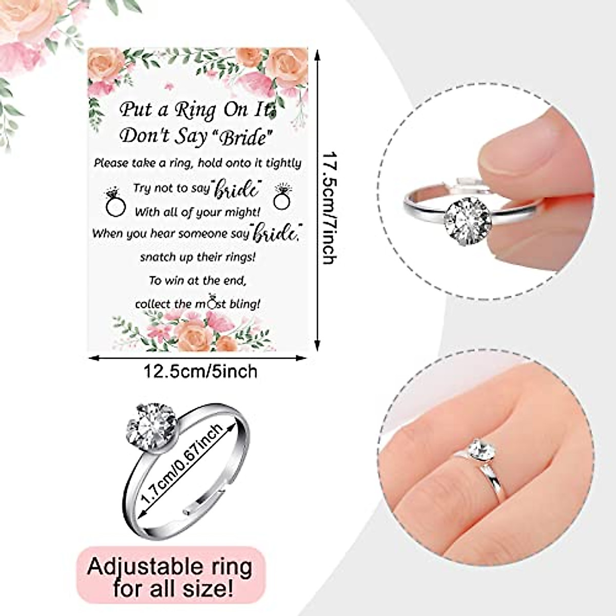 Put a Ring on It Bridal Shower Game with 50 Fake Rings, Rustic Greenery Theme Wedding Shower Games Wedding and Engagement Rings Bridal Shower Decor and Not Say Bride Rules Cards (Silver, Flowers)