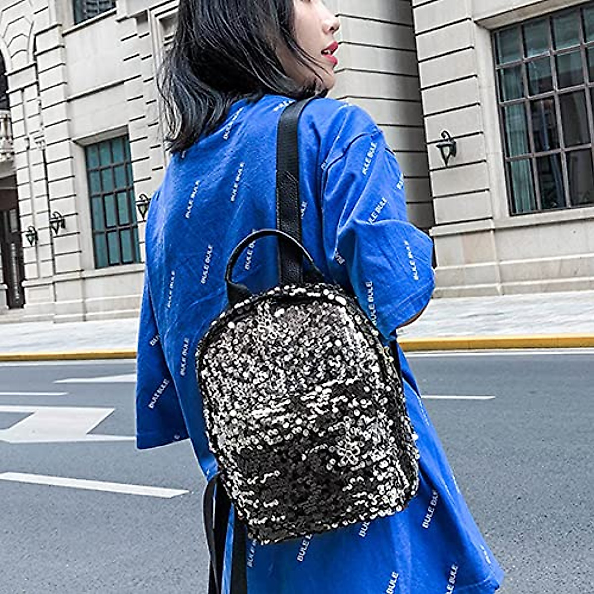 ZLMBAGUS Girls Shining Sequin Faux Leather Backpack Glittery Satchel Fashion Top Handle Shoulder Bag Daypack Purse Black