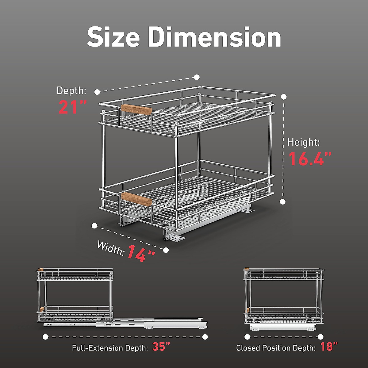 Mount Walker Pull Out Cabinet Organizer(14" W x 21" D), 2 Tier Slide Out Cabinet Shelves with Wood Handle, Sliding Drawer Pull Out Storage Shelf for Cabinet, Chrome