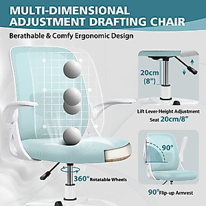 Winrise Drafting Chair Tall Office Chair Ergonomic Desk Chairs with Lumbar Support and Flip-up Armrests, Adjustable Height Comfy Computer Chair with Swivel Task and Adjustable Foot Ring(L-Blue)