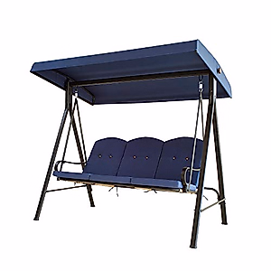 LOKATSE HOME 3-Seats Patio Swing with Adjustable Canopy Weather Resistant Steel Frame Outdoor Porch Converting Deck Furniture, Blue