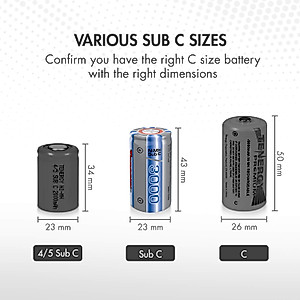 Tenergy NiMH SubC 1.2V 3000mAh Rechargeable Batteries, with Tabs, 15 Pack