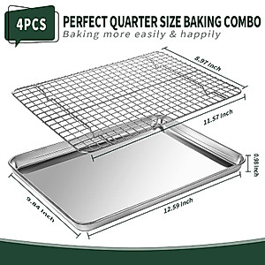 Quarter Sheet Pan with Cooling Rack Set [2 Baking Sheets + 2 Baking Racks], CEKEE Stainless Steel Cookie Sheets for Baking and Wire Rack - Rust & Warp Resistant & Nonstick, Size 12 x 9.8 x 1 Inch