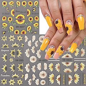 5D Engraved Sunflower Nail Art Stickers Decals Yellow Lotus Flower Acrylic Embossed Sliders Nail Art Supplies Summer Nail Stickers Manicure Decoration for Women Girls Nails Painting Charms Accessories