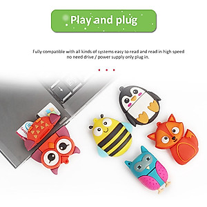 LEIZHAN 5X8GB Cute Animals USB Flash Drive with Chain Bee Fox Owls Penguin Pen Drive Gifts for School Kids and Students Valentine's Day Gift (Pack of 5 Animals)