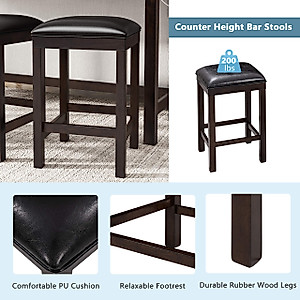 Merax 4-Piece Counter Height Bar Table Set with Socket and 2 Drawers, Mulitpurpose Rustic Bar Dining Table Set with 3 PU Leather Padded Stools, Espresso