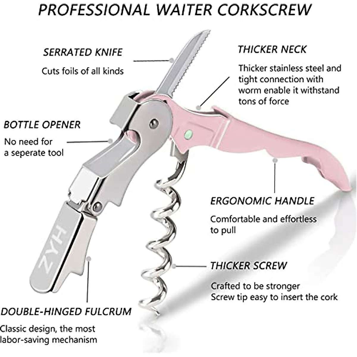 Waiter Corkscrew Wine Opener 2-Pack Pink, HYZ Professional Wine Key for Servers, Bartender with Foil Cutter, Manual Wine Bottle Opener Double Hinged