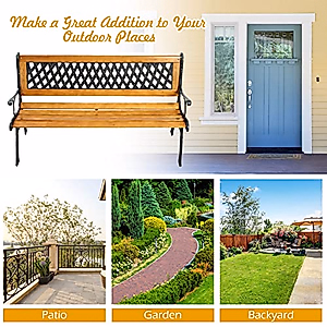 Tangkula Outdoor Garden Bench Park Bench, Patio Bench Chair with Cast Iron & Hardwood Structure, Weather Proof Porch Outdoor Furniture Loveseat, Perfect for Backyard, Deck, Lawn, Poolside