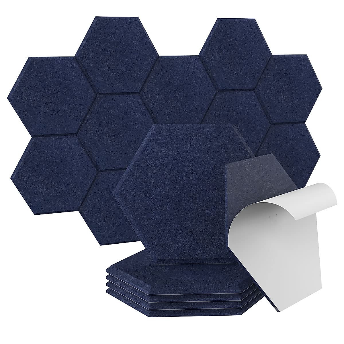 Balkwan Self-adhesive Acoustic Panels Hexagon Art Decor Sound Proof Padding Sound Dampening Panel Acoustic Foam Wall Tiles, 6.8" x 7.9" x 0.35" Beveled Edge 6 pack (7.8 Inch, Dark Blue)