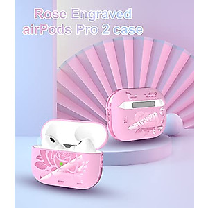 ROMSEA for AirPods Pro 2nd Generation Case Cover 2022, Rose Engraved Bling Floral Replacement Charging Case Cover for Women Shock-Absorbing Protective Case with Lanyard [Front LED Visible],Pink