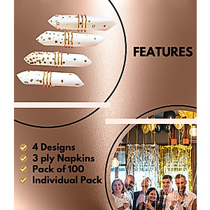 100 PK Gold Napkins - 4 Assorted Designs - 3-Ply Cocktail Napkins Folded 5 x 5 Inches Bar Napkins Disposable Party Napkins Paper Napkins Dinner for Wedding Baby Shower Birthday Graduation 2022