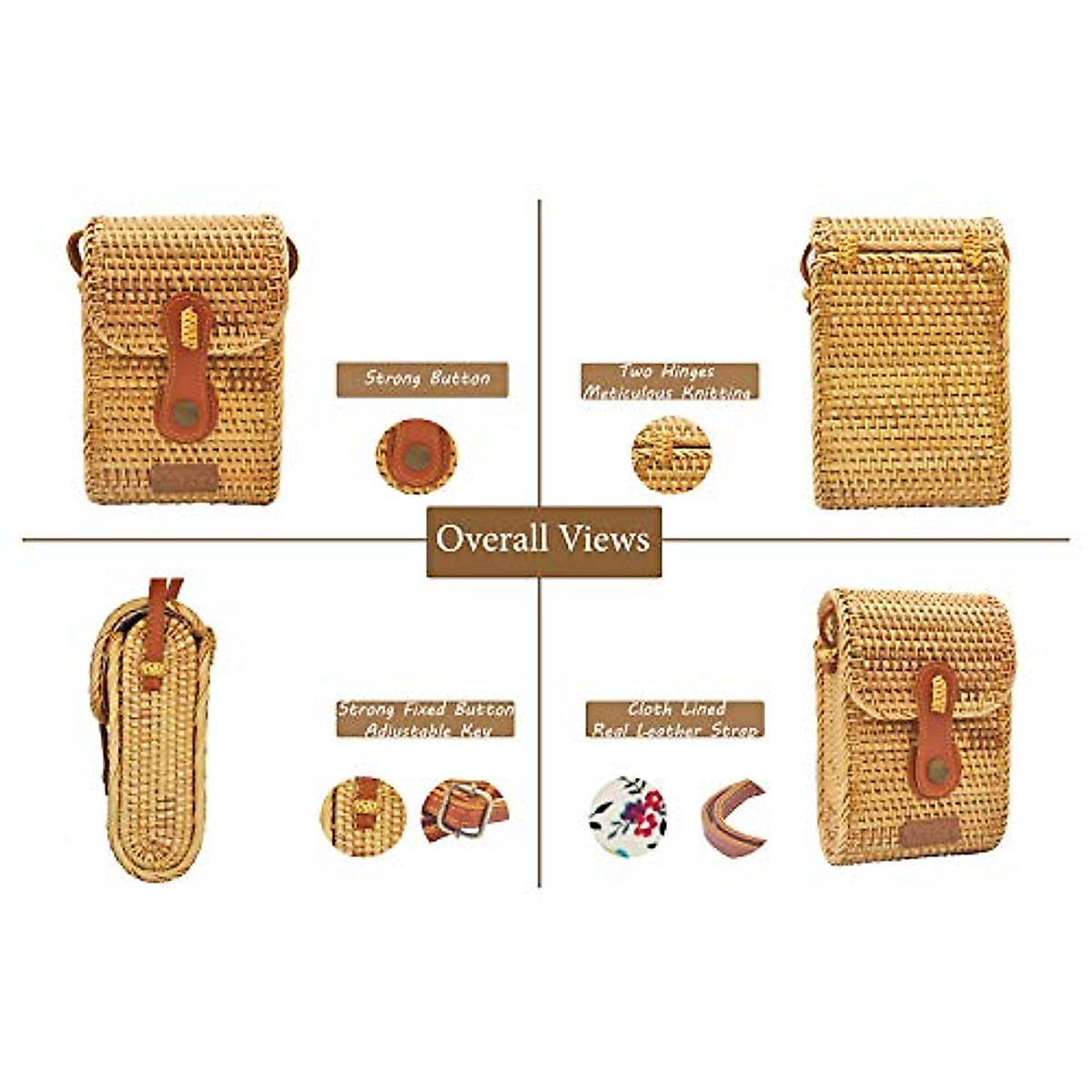 HAANCRAFTS HAAN Women Cellphone Handwoven Wicker Crossbody Wallet Boho Purse Oval Rattan Bag For Summer Beach - Natural Stylish & Chic – Shoulder Real Leather Adjustable Strap