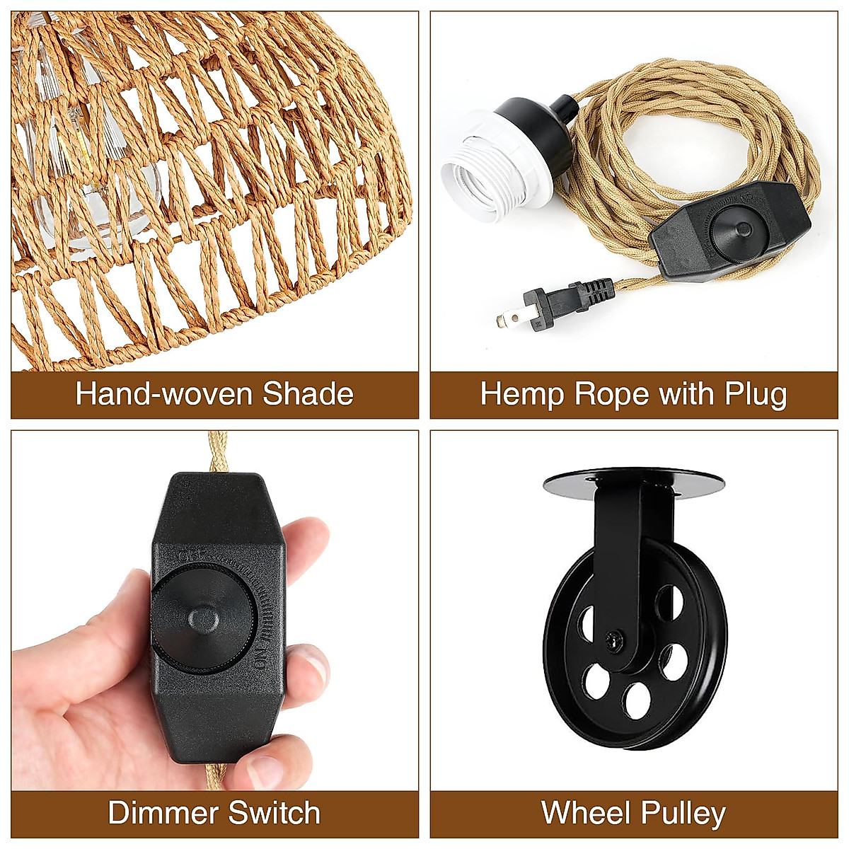 Rattan Plug in Pendant Light, Boho Hanging Lights with Plug in Cord 15ft, Handwoven Hemp Rope Chandelier Light Fixtures with Dimmer Switch for Bedroom Living Dinning Room Kitchen