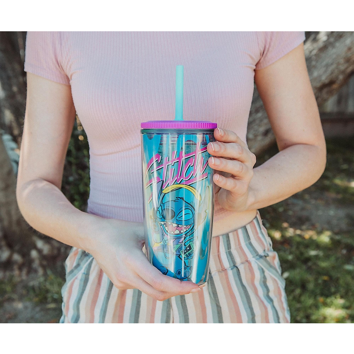 Disney Lilo & Stitch Jamming Plastic Tumbler With Leak-Resistant Lid and Reusable Straw | Double-Walled Travel Cup For Drinks | Holds 20 Ounces