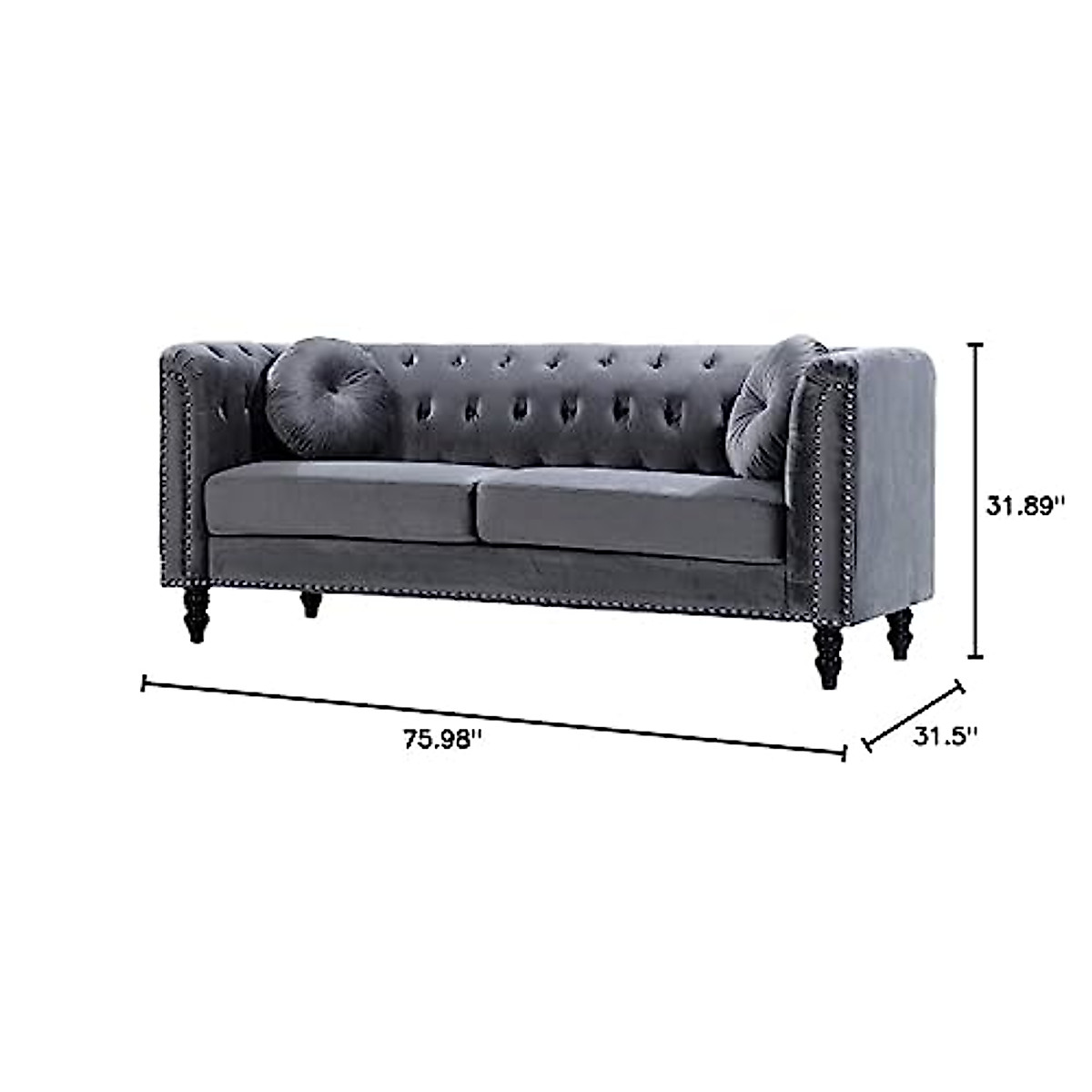 US Pride Furniture Modern Style High Density Foam Cool Grey Velvet Rolled Arm Chesterfield Living Room Removable Cushion & Solid Wood Legs (S5608-5613) Sofas