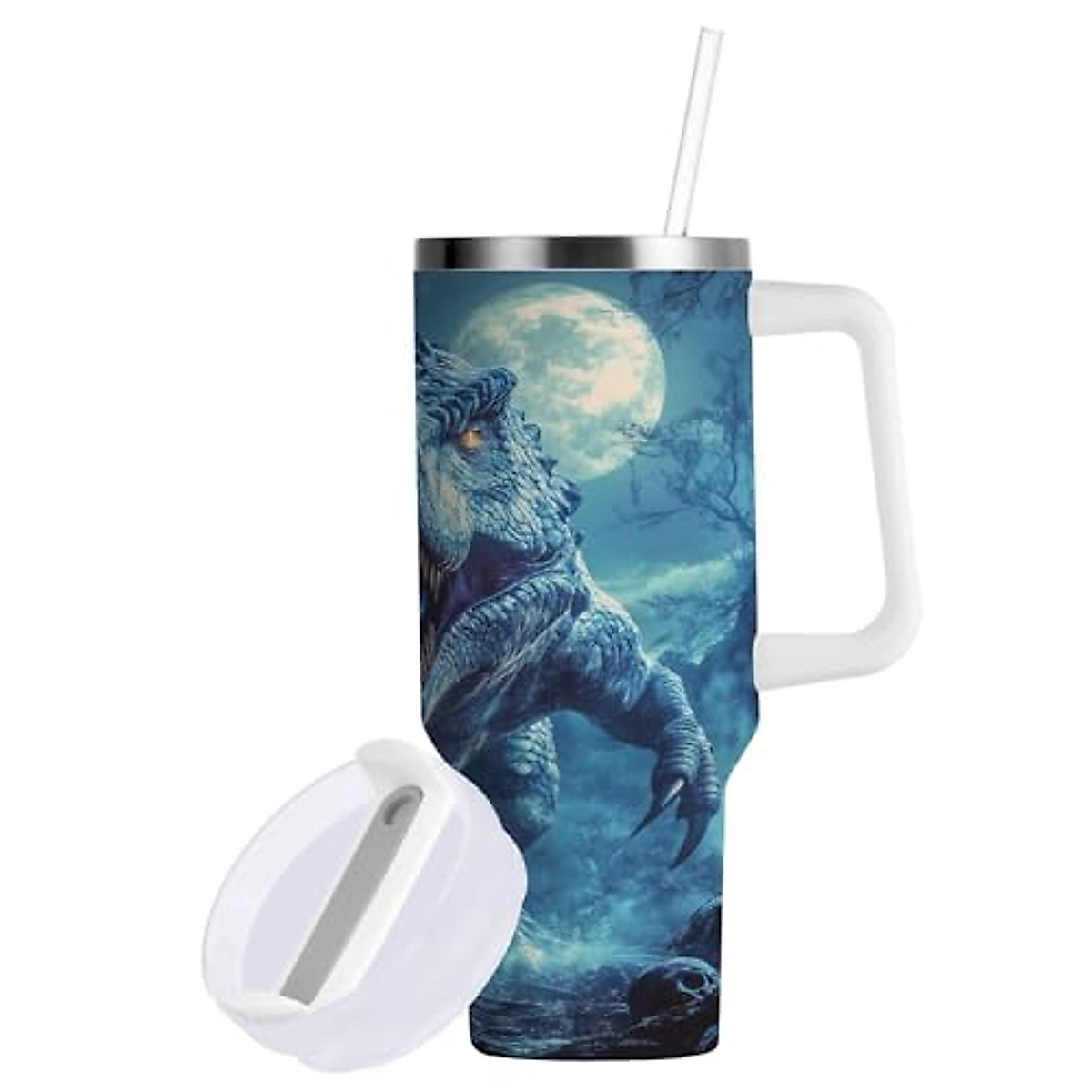 Slewiaeky Tumbler with Handle 40 oz Beast Dinosaur Horror T Rex Travel Mug with Lid and Straw Stainless Steel Vacuum Insulated Water Bottle Cup for Iced Tea Coffee Cold Beverages Cup Holder Friendly