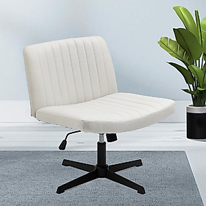 PEFEK Criss Cross Chair Armless Home Office Computer Chair No Wheels PU Leather Vanity Desk Task Chair Adjustable Swivel Ergonomic Living Room Chairs with Padded Backrest & Thickened Cushion (Beige)