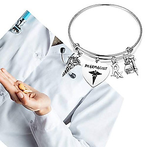 bobauna Stainless Steel Pharmacist Expandable Wire Bangle Bracelet with Medical Caduceus RX Symbol Pharmacy Charms Pharmacist Graduation Gift (pharmacist bracelet)