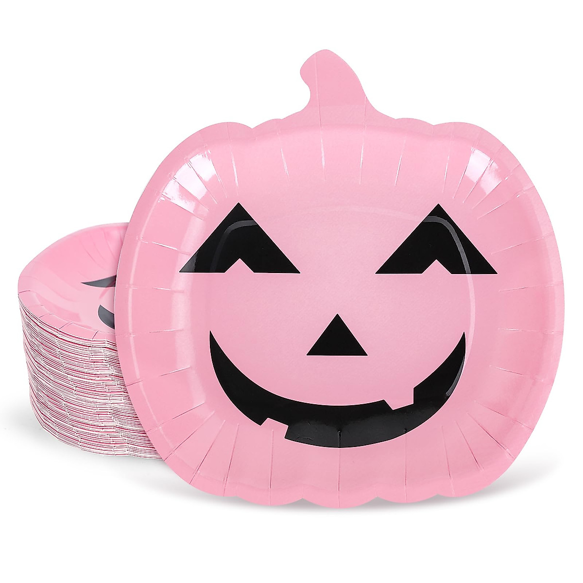 Whaline 40Pcs Halloween Paper Plates Pink Pumpkin Shaped Disposable Plates Cute Grimace Pumpkin Pattern Decorative Plates for Halloween Holiday Birthday Party Baby Shower Dinner Tableware Supplies