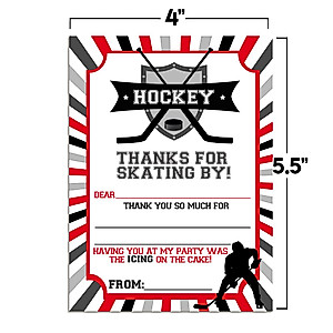 Kids Thank You Cards Black & Red Hockey Birthday Party Thank You Notes, Ten 4" x 5.5" Fill-In The Blank Cards with 10 White Envelopes by AmandaCreation