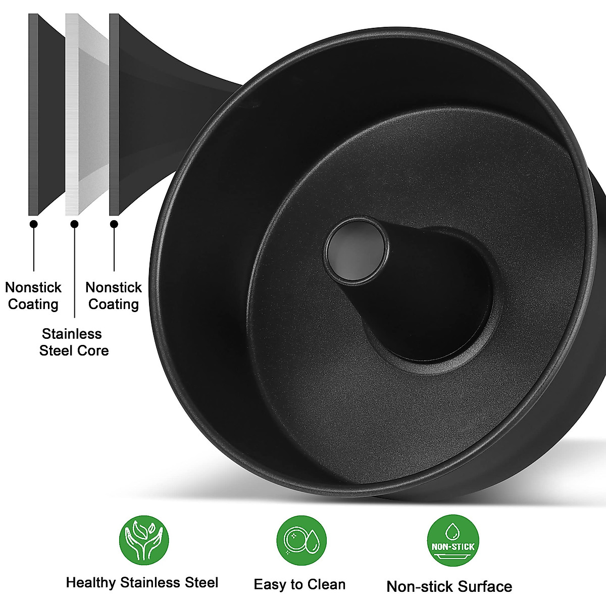 LIANYU 10 Inch Angel Food Cake Pan, Black Nonstick Tube Pan for Baking Pound Cake, Deep Chiffon Mold with Stainless Steel Core, Easy to Release, Leak Proof