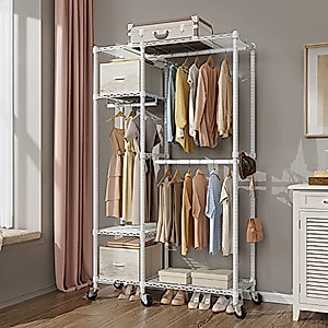 Memobarco Clothes-Rack, Metal Clothing-Rack, Heavy Duty Rolling Garment Rack with 4 Tiers Wire Shelving, 3 Hanging Rods & 2 Storage Drawers, Freestanding Portable Closet Wardrobe, White