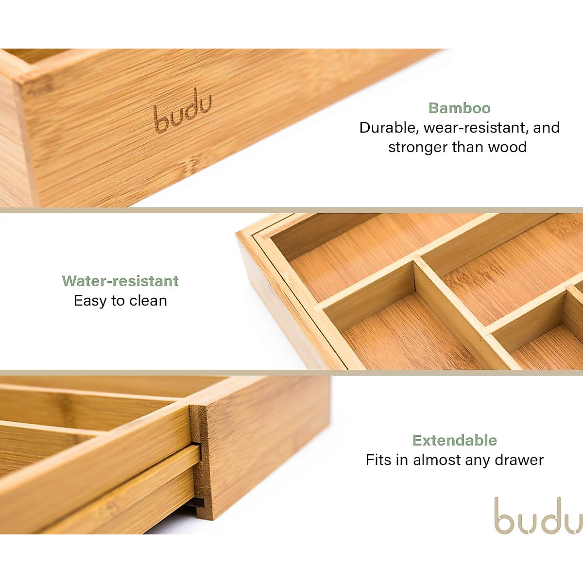 budu Silverware Drawer Organizer #19.7" Depth – Utensil Holder, Kitchen Drawer Organizers for Flatware, Cutlery – Perfect Utensil Organizer for Silverware & Other Kitchen Organization Tools & Storage