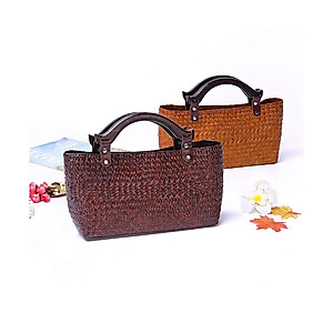 QTKJ Hand-woven Large Retro Straw Handbag Bag Summer Beach Boho Rattan Tote Travel Bag with Wooden Top Handle (Red)