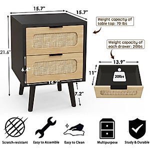 HOPUBUY Nightstands Set of 2 with Rattan Drawer, Modern Night Stand for Bedrooms, Wooden 2 Drawer Bedside Table Side Table for Small Place Living Room and Bedroom (Black, 2 Drawers 2 Pack)